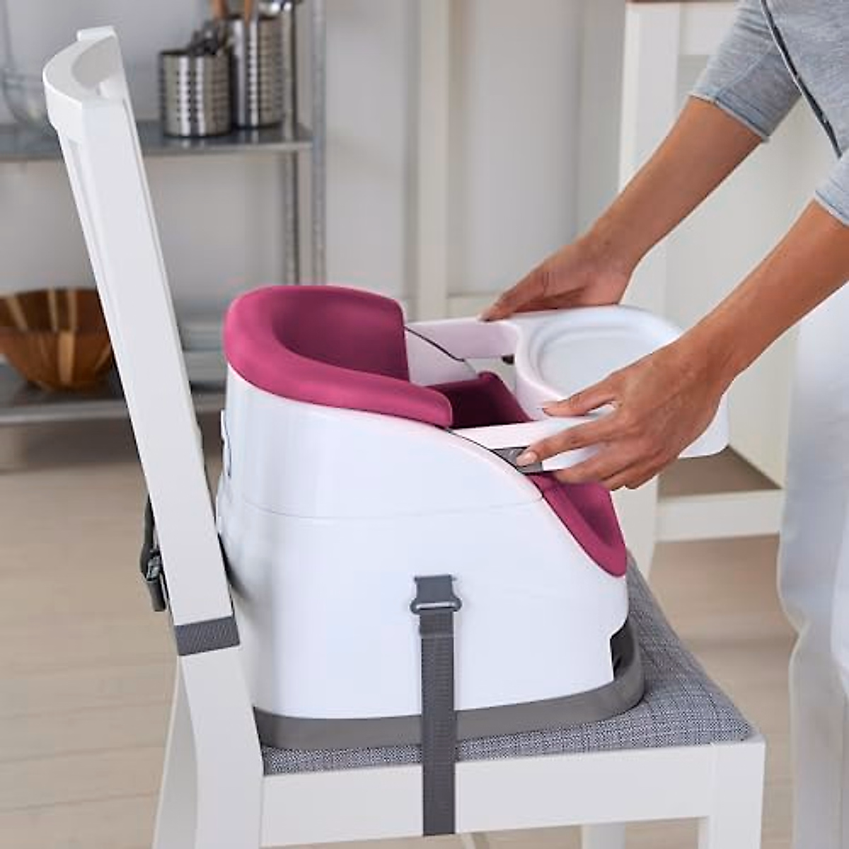 Ingenuity Baby Base 2-in-1 Booster Feeding and Floor Seat with Self-Storing Tray - Pink Flambe