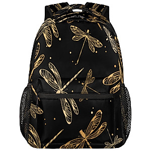 Mularoka Dragonflies Gold Black Laptop Backpack for Women Water Resistant College Travel Back Pack Computer Notebooks Laptop Bag Lightweight Daypack for Men