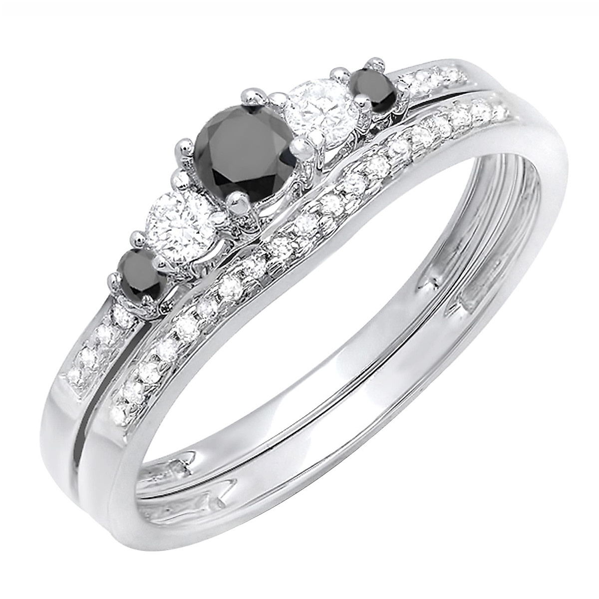 Dazzlingrock Collection 0.45 Carat (Ctw) Round Black And White Diamond 5 Stone Alternating Style Engagement Ring Set for Her in 10K White Gold, Size 6
