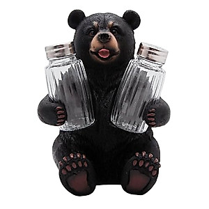 Sitting Black Bear Salt and Pepper Set Holder, Rustic Décor, Shakers Included, 7 Inches