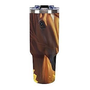 Brown Horse with Sunflowers Insulated Tumblers with Handle Stainless Steel Coffee Mug Funny Travel Cup with Lid Straw 40oz