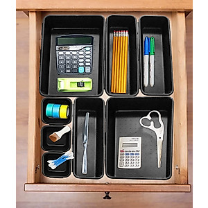 HOME-X Connecting Organizer Trays, Set of Interlocking Adjustable Trays for Organizing Office Supplies and Kitchen Utensil Drawers, Set of 8, 3 Sizes, Black