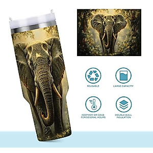 Jihqo Jungle Elephant 40 oz Stainless Steel Vacuum Insulated Tumbler with Handle and Straw Lid, Leakproof Water Bottle Double Wall Travel Mug Coffee Cup, Cupholder Friendly