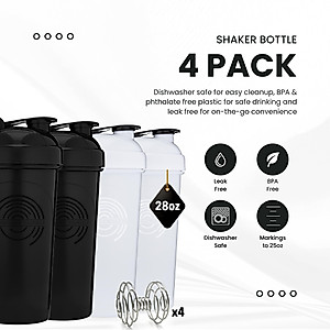 GOMOYO [4 Pack] 20-Ounce Shaker Bottle | Protein Shaker Cup 4-Pack with Agitators (Coral/White, Purple, Mint/White, Rose) | Protein Shaker Bottle Set is BPA Free and Dishwasher Safe
