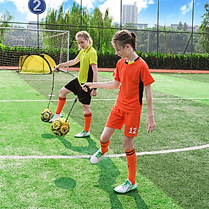 PodiuMax Handle Solo Soccer Kick Trainer with New Ball Locked Net Design, Soccer Ball Bungee Elastic Training Juggling Net (Fits Ball Size 3, 4, 5) (Yellow)