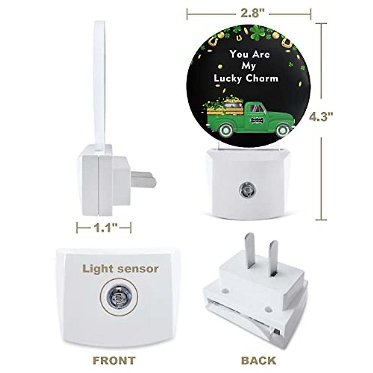 St.Patrick Day Truck Gold Coins Clover Night Lights Plug into Wall, Green Black Auto Round LED Lights with Dusk to Dawn Sensor for Bedroom, Bathroom, Hallway, Kitchen, Kids, Home Decor