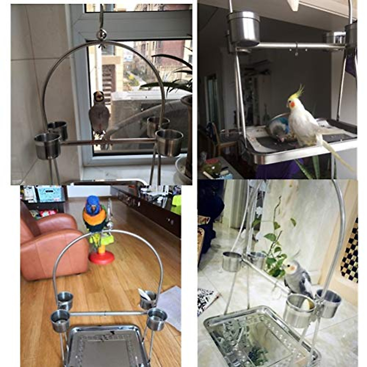 Bird Platform Playground Stainless Steel Perch Gym Stand with Food Bowls for Parrot Macaw African Grey Budgies Parakeet Conure Cage Exercise Toy (S)