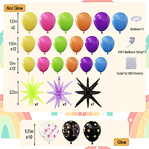 DBKL 190Pcs Rainbow Balloon Garland Arch Kit with Neon Luminous Fluorescent Balloons, Disco Balloons Glow in the Dark Party Decorations for Back to 80s 90s Birthday Disco Party Supplies