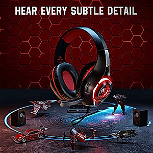Tatybo Gaming Headset for Ps4 Ps5 Xbox One Switch PC with Noise Canceling Mic, Deep Bass Stereo Sound (Black Red)