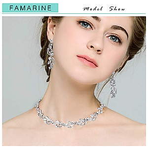FAMARINE Silver Bridal Jewelry Set, Clear Crystal Wedding Drop Earrings Necklace for Bride Bridesmaid