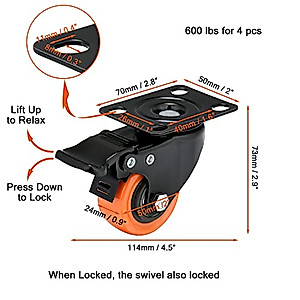2" Caster Wheels Load 600 Lbs, Orange Polyurethane Castors, Top Plate Swivel Wheels, Casters Set of 4, Locking Casters for Furniture and Workbench, Heavy Duty Casters, 4 Pack Casters with Brake