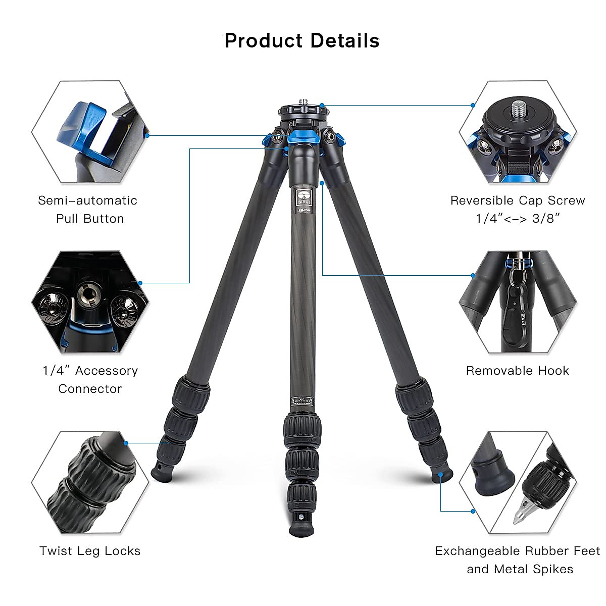 SIRUI AM-254 Carbon Fiber Camera Tripod, 47" Lightweight Compact Travel Tripod, 4-Section Legs, Twist Locks, Steel Spikes, Loads up to 26.5lbs/12kg