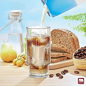 GMISUN Glass Cups with Lids and Straws, Iced Coffee Cups with Lids, Ribbed Glassware, Drinking Glasses with Bamboo Lids, Cocktail Glasses Vintage Glassware 12oz for Cocktail, Gift