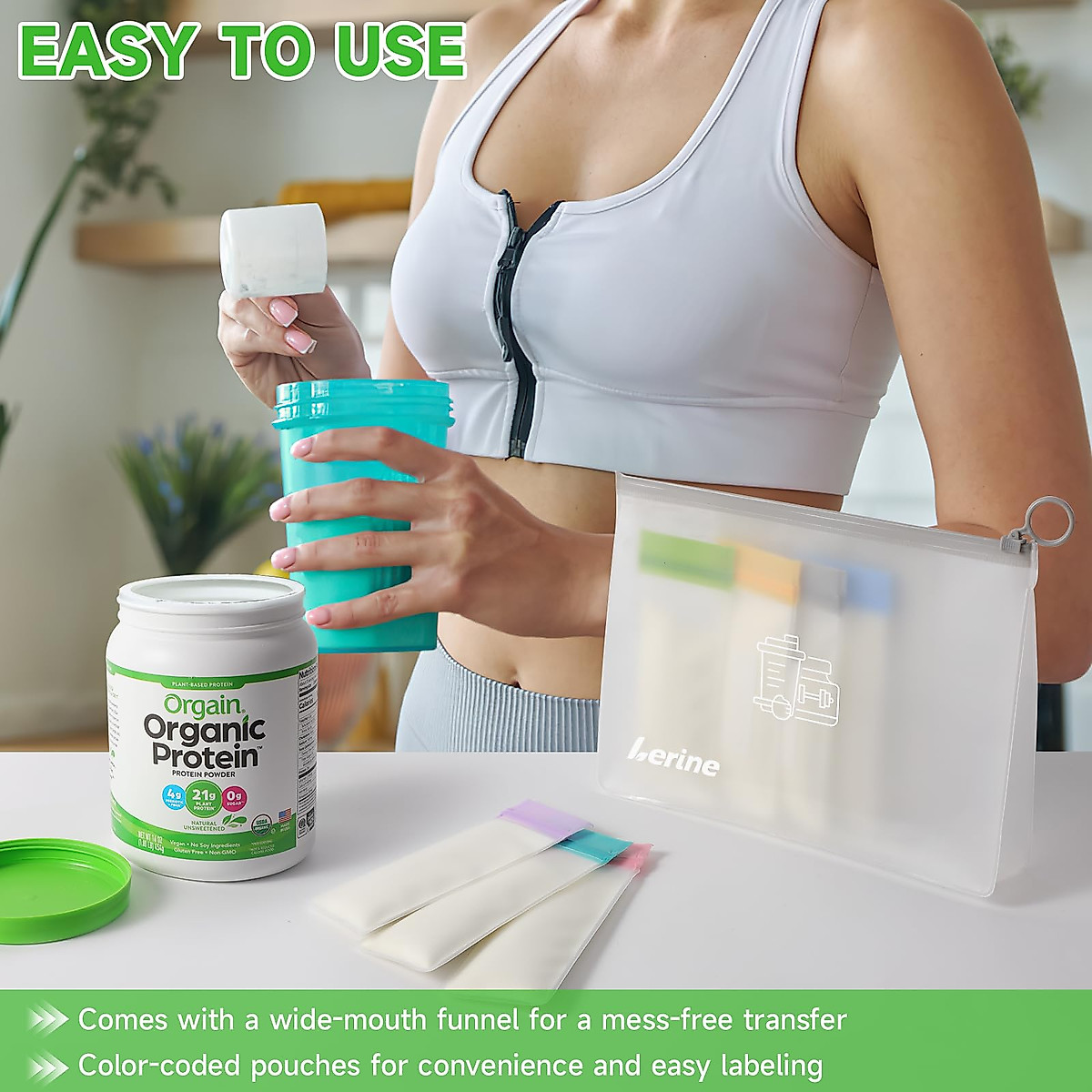 Protein Powder Travel Container Set - Reusable Protein Powder Container to Go - 21Pcs Single Dose Bags & 3Pcs Large Zip Bags - Portable Supplement Storage Container with Funnel, Spoon