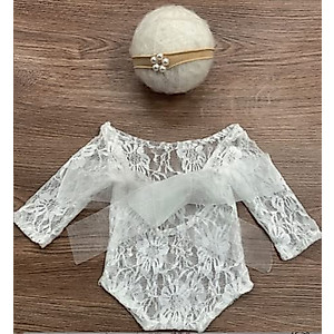 Baby Photography Props Outfit Lace Rompers Newborn Girl Photo Shoot Outfits Flower Headband Princess Costume (White)