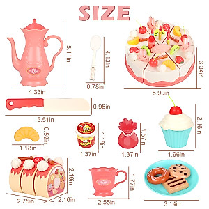 KaeKid Birthday Cake Toy Pretend Play Tea Set with Lights & Music, DIY Cutting Play Food with Bread Roll, Chocolate, Sandy & Dessert, Gift for Girls Boys 3 4 5 Years Old (82 PCS)