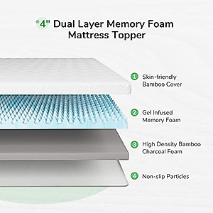 Novilla Queen Mattress Topper, 4 Inch Gel Memory Foam Mattress Topper Queen Enhance Cooling, Motion Isolation & Pressure Relieving, Non-Slip Design with Breathable Bamboo Charcoal Cover
