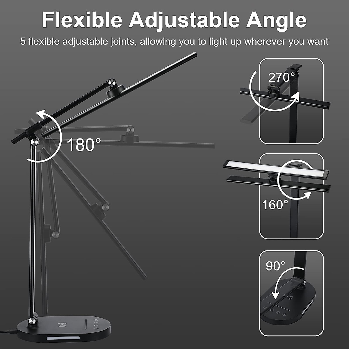 LED Desk Lamp with Wireless Charger, USB Charging Port, Touch Control, 5 Color Modes, 5 Brightness Level, Eye-Caring Desk Lamp for Study Reading, 1H Timer, Home Office Table Lamp