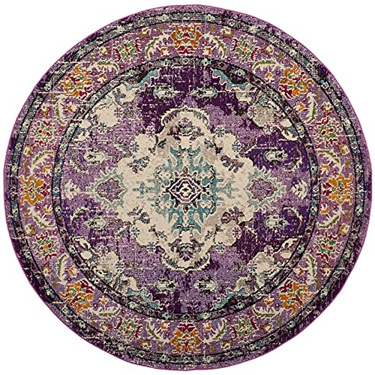 SAFAVIEH Monaco Collection Area Rug - 6'7" Round, Violet & Light Blue, Boho Chic Medallion Distressed Design, Non-Shedding & Easy Care, Ideal for High Traffic Areas in Living Room, Bedroom (MNC243L)