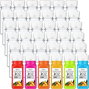 100 Pcs 2oz Small Clear Plastic Juice Bottles with Lid for Liquids Reusable Ginger Shots Bottle Vial Beverage Container Leak Proof Mini Jars for Juice, Milk, Water (White)