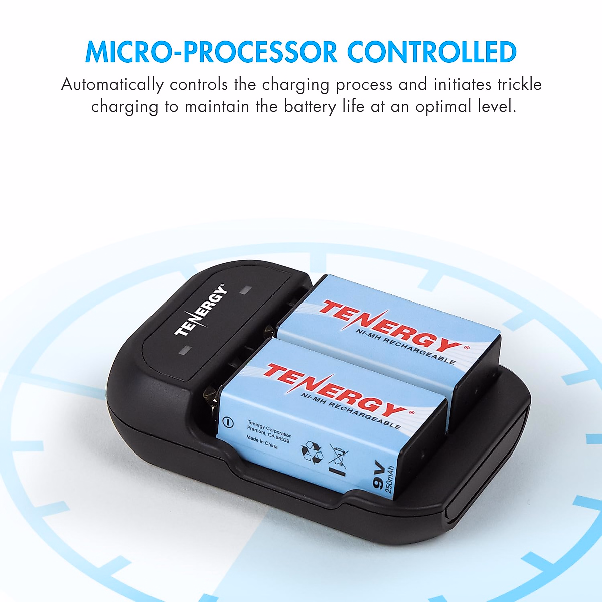 Tenergy 9V Battery Rechargeable 250mAh 4 Pack NiMH Square Battery with 2 Bay 9V Battery Charger for Smoke Alarm/Detector