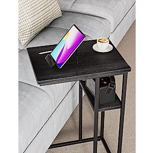 Innerjoin C Shaped End Table, Side Table with Metal Frame, TV Tray Table for Couch, 2 Shelves Sofa Table for Living Room Bedroom, Bedside, Rustic Vintage Style, Black