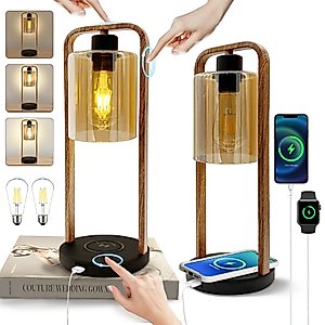Wireless Charging Touch Lamps for Nightstand Set of 2 - Industrial Table Lamps for Bedrooms 3-Way Dimmable Bedside Lamps with USB, Wood Grain Desk Lamps with Amber Glass Shade for Home, Bulbs Included