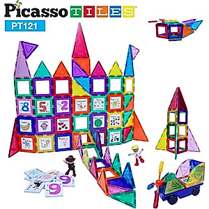 PicassoTiles 121 pc Master Builder Magnetic Building Block Construction Set Magnet Tiles Blocks with Car Truck, 2 Character Action Figures, 28 Educational Alphabet Animal and Number Graphics, Windmill