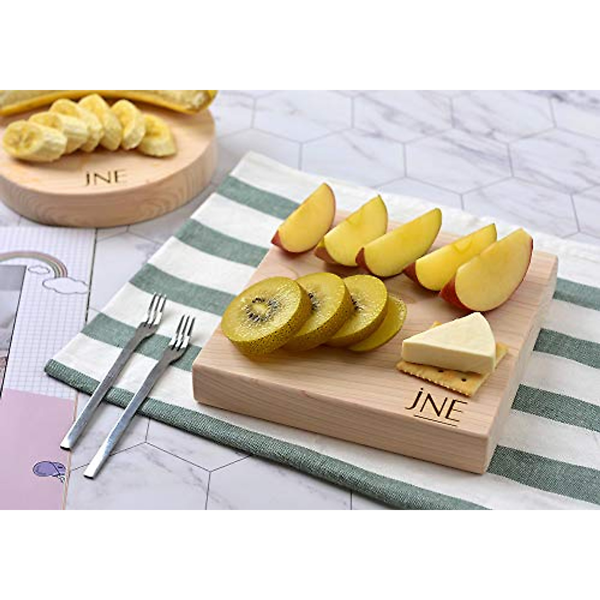 JNE Natural Hinoki Cypress Wood Cutting Board, Cheese Board, Chopping Board, Serving Board for Wine, Crackers, Fruit. Housewarming, Wedding, Birthday gift. Trivet (Square-7x1.2)