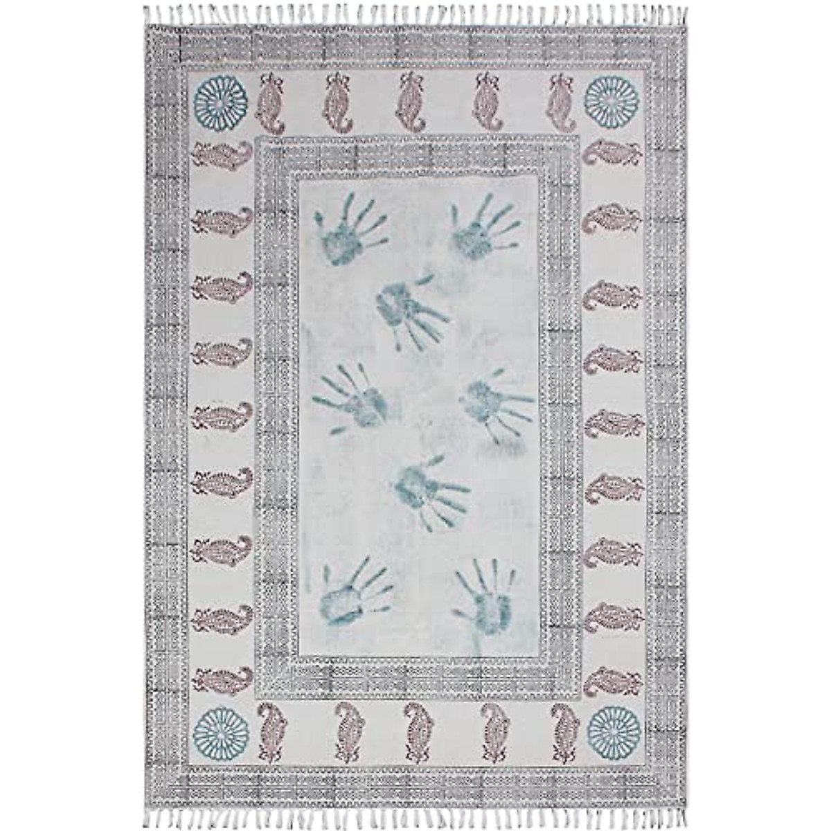 Casavani Hand Block Printed Cotton Dhurrie Bordered Blue & Brown Area Rug Doormat Floor Rug Indoor Area Rugs for Bedroom Living Room Laundry Room 6x8 Feet
