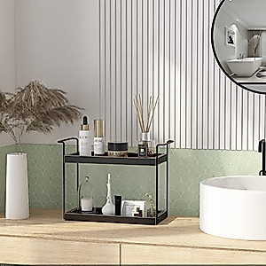 Black 2 Tier Bathroom Counter Organizer, Wood Bathroom Organizer Countertop Bathroom Counter Trays Vanity Organizer, Bathroom Sink Organizer Kitchen Organizer for Countertop Coffee Station Organizer