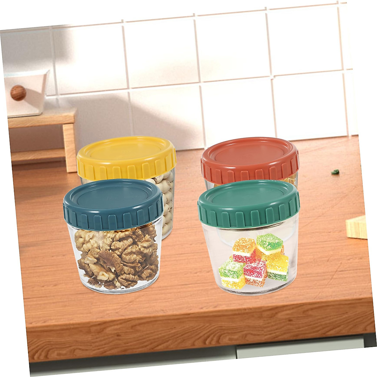 KICHOUSE 4Pcs Leakproof Glass Food Storage Containers with Lids Reusable Yogurt Cups Airtight Glass Jars for Snacks Meal Prep and Kitchen Organization