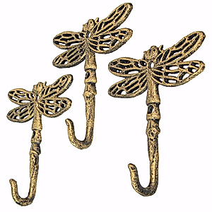Zeckos Set of 3 Cast Iron Dragonfly Wall Hooks - Antique Gold Finish, Easy Install - Nature-Inspired Decorative Hooks for a Whimsical Touch in Your Decor Space