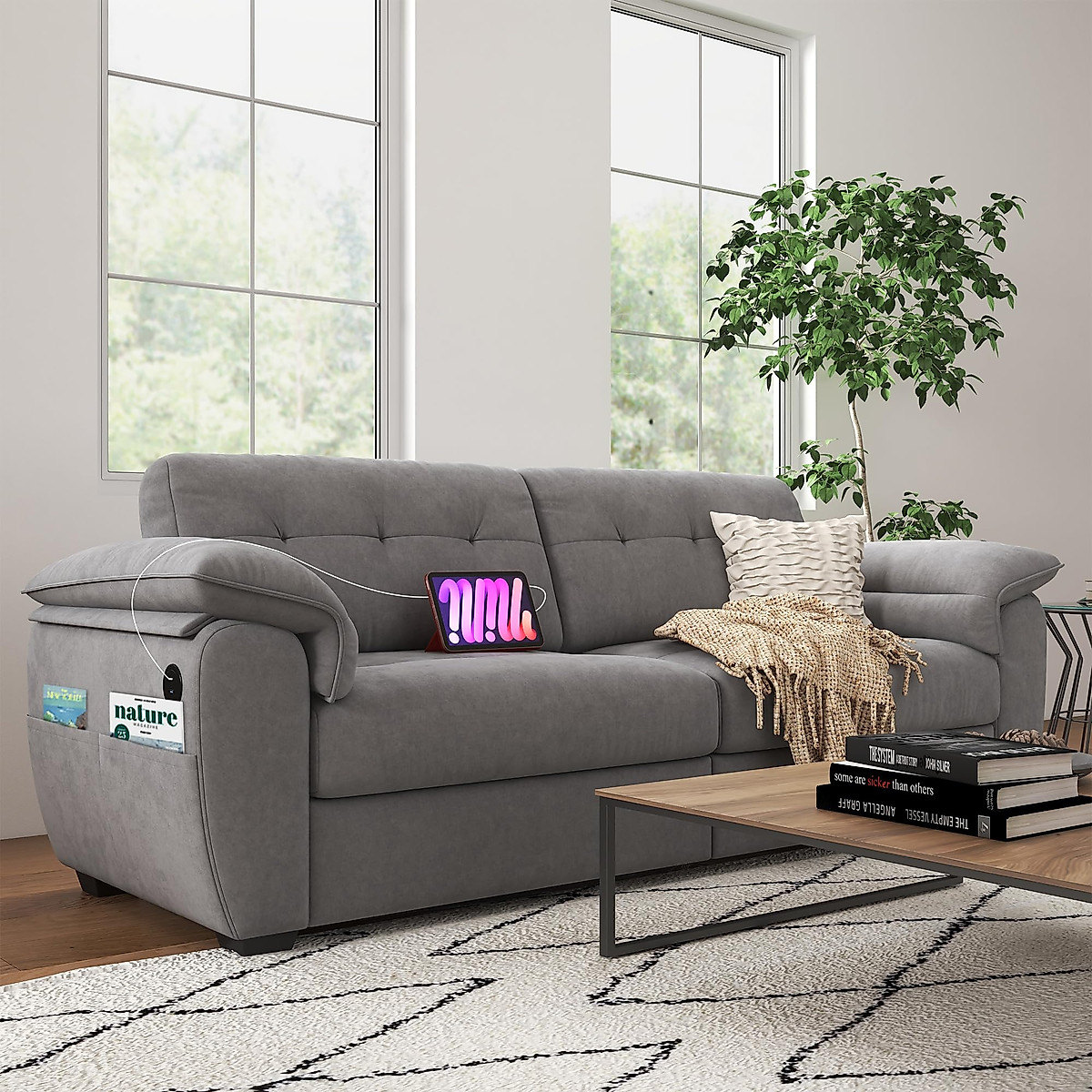 CHYMSUN 87" Modern Sofa, Comfy Sofa Couch w/Extra Deep Seats, 2/3 Seater Couches w/USB Charging Ports & Side Pockets, Sleeper Sofas for Living Room, Apartment, Office (Grey Chenille)