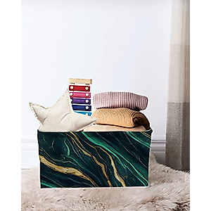 Marble Emerald Green Cube Storage Organizer Bins with Handles, 15x11x9.5 Inch Collapsible Canvas Cloth Fabric Storage Basket, Modern Abstract Gold Art Books Kids' Toys Bin Boxes for Shelves, Closet