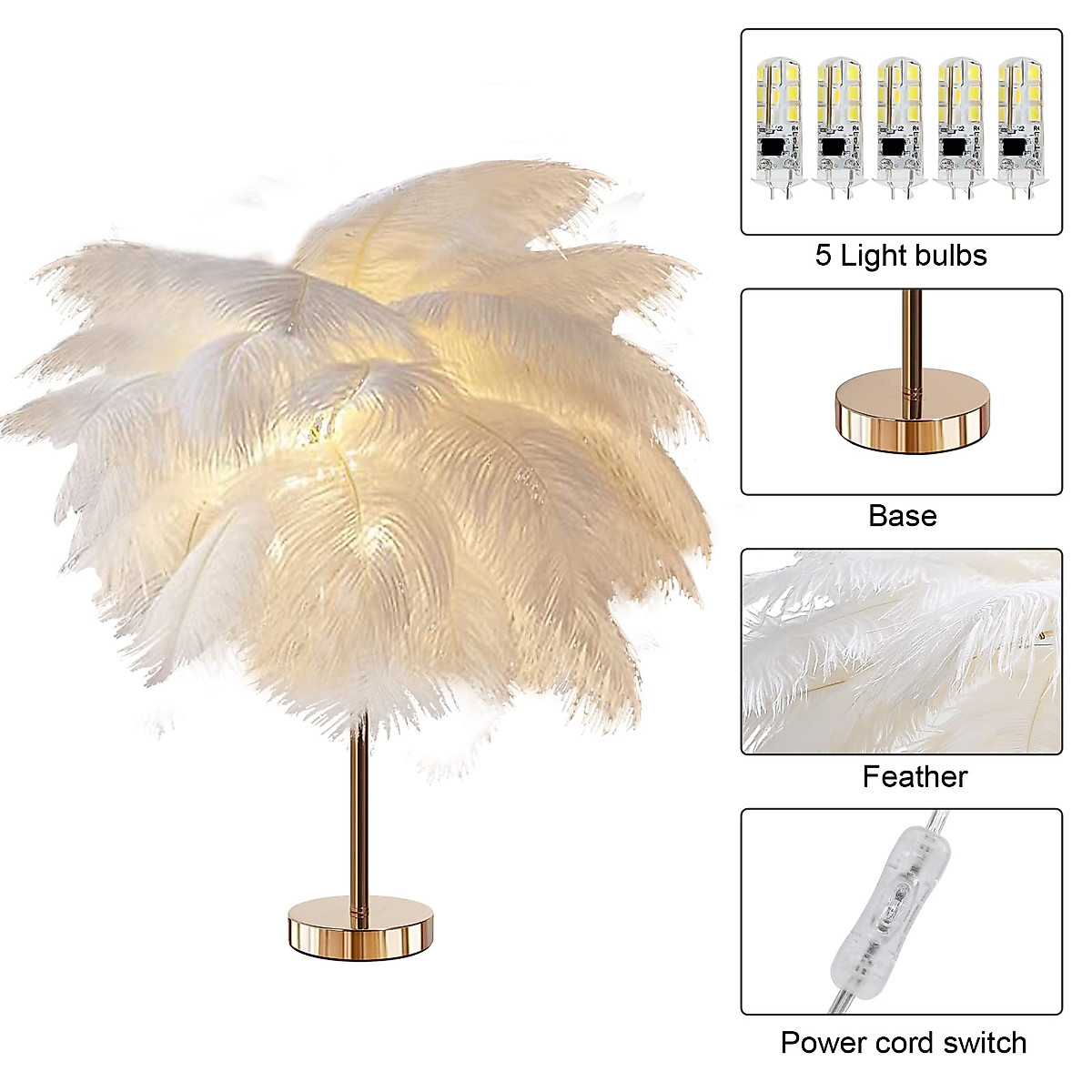 Ruconla Ostrich Feather Table Lamp with Plug in Wire, Modern Feather Lamp 5-Light Bedside Table Lamp, Golden Lamp Body for Bedroom Nightstand Lamp Desk Night Light (White)