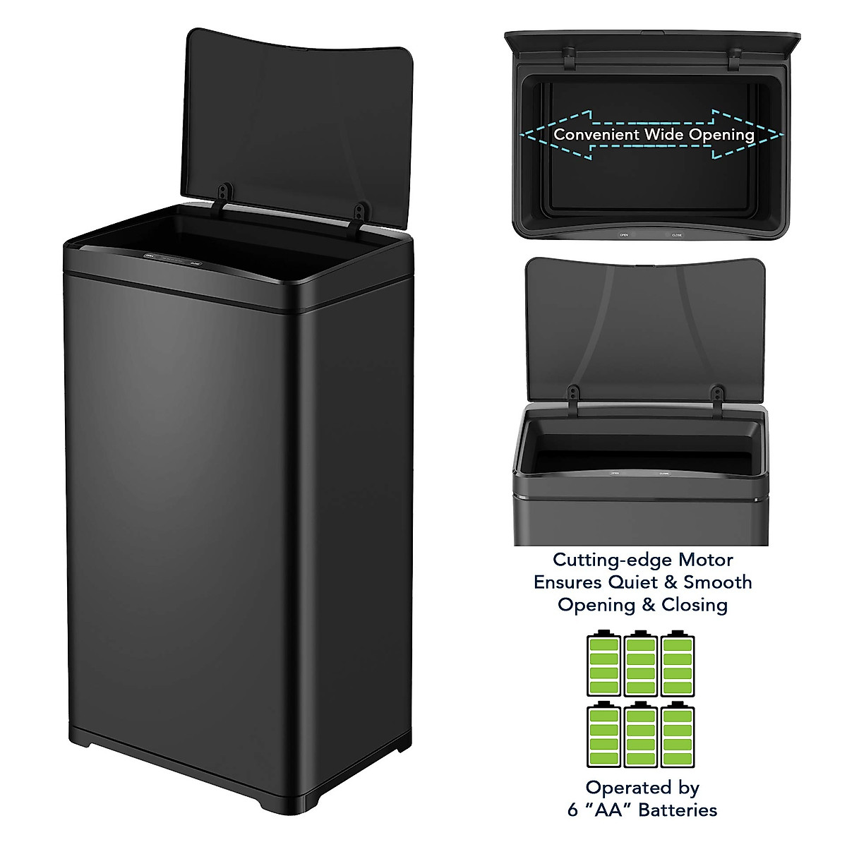 CozyBlock Automatic Trash Can for Kitchen, Black Steel Touchless Motion Sensor Bin, Wide Opening Soft Close Lid, LED Countdown Timer (13 Gallon)