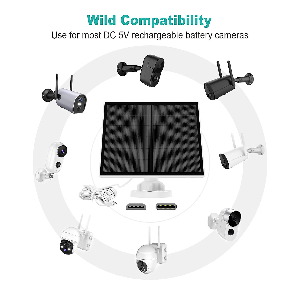 Solar Panel for Security Camera, 5W USB Solar Panel for Micro USB and USB-C Port Outdoor Rechargeable Battery Camera, Solar Panels with 9.8ft Cable, Adjustable Wall Mount, IP65 Waterproof, 2 Pack