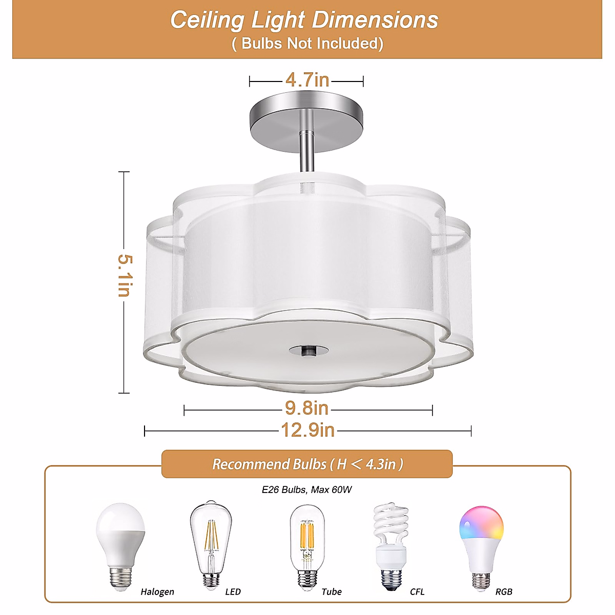 FRIDEKO HOME 3-Light Semi Flush Mount Ceiling Light Fixture Bedroom Light Fixtures with Double Fabric Shade Modern Close to Ceiling Lamps for Living Room Dining Room Kitchen Hallway Entry Foyer