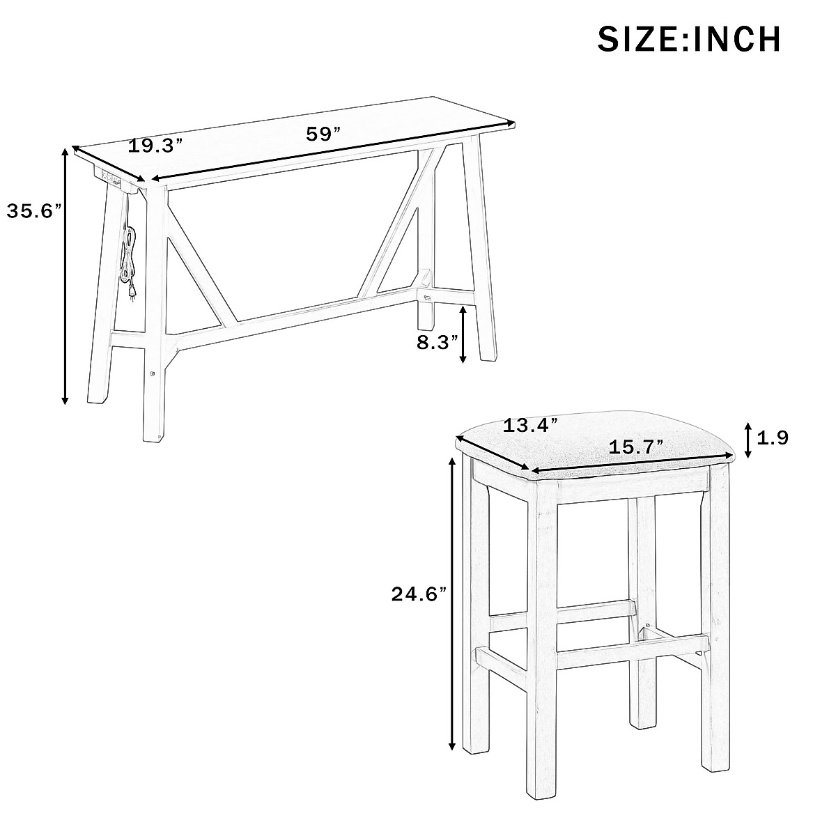 Bellemave Sofa Table with Stools and Outlet Kitchen Bar Height Table and Chairs Console Table with 3 Upholstered Stools 4 Piece High Top Long Dining Table Set, Gray
