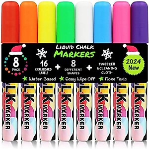 W OUTWIT Chalk Markers, Erasable Chalkboard Neon Pens for first day of school board, 8 Packs Non-Toxic Car Window Markers with Reversible Tip,16 Labels, Drawing Markers for Chalkboards Kids Gift