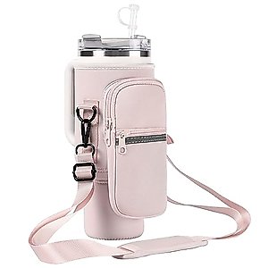 Water Bottle Holder with Strap for Stanley 40oz Tumbler with Handle, Water Bottle Carrier Bag with Phone Pocket, Tumbler Accessories for Stanley, Water Bottle Sleeve for Walking Hiking Camping(Pink)