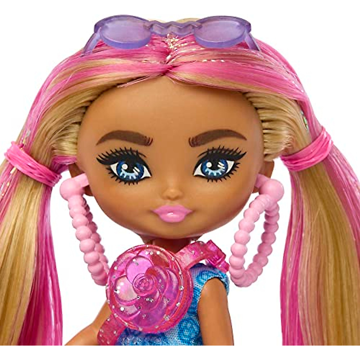 Barbie Extra Mini Minis Doll with Pink-Streaked Blonde Pigtails Wearing Blue Dress & Accessories & Stand, 3.25-inch