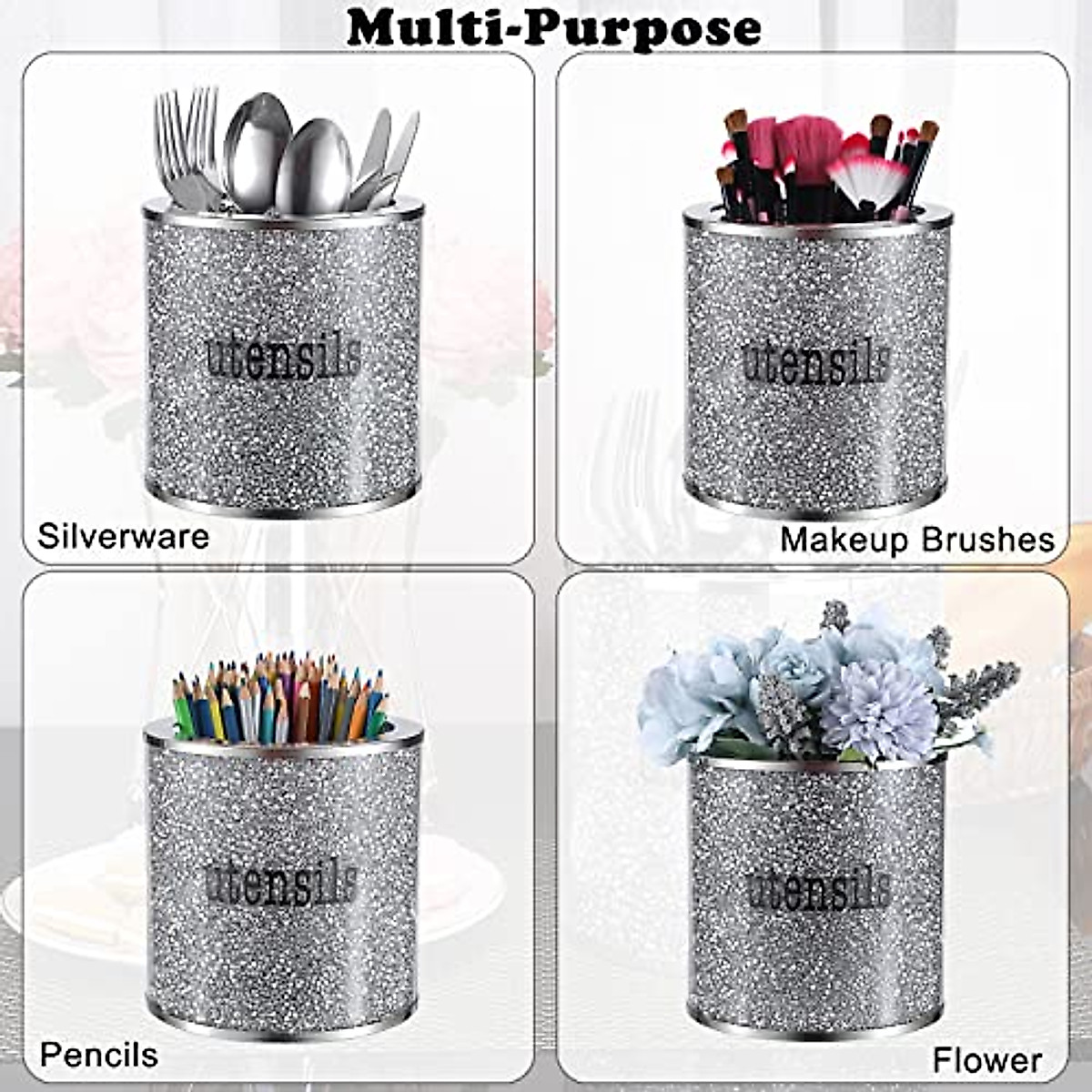 JUXYES Sparky Glass Crushed Diamond Utensils Holder for Party, Luxurious Silverware Holder Organizer Decorative Utensil Storage Crock Shiny Cutlery Holder Silverware Organizer for Kitchen Dining Table