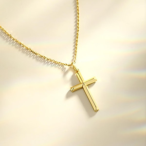 FANCIME Yellow Gold Plated 925 Sterling Silver Beveled Cross Pendant Necklace Dainty Fine Delicate Jewelry Easter Gifts for Women 18 INCHES