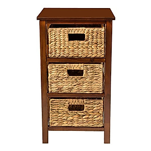 eHemco 3 Tier X-Side End Storage Cabinet with 3 Wicker Baskets, Walnut