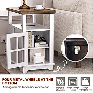 HIFYOBRO Fireplace End Table with Wheels, 1400W Electric Fireplace Screens, Fast Charging Station, Modern Wood Texture, Storage End Table for Living Room/Bedroom/Office (White)