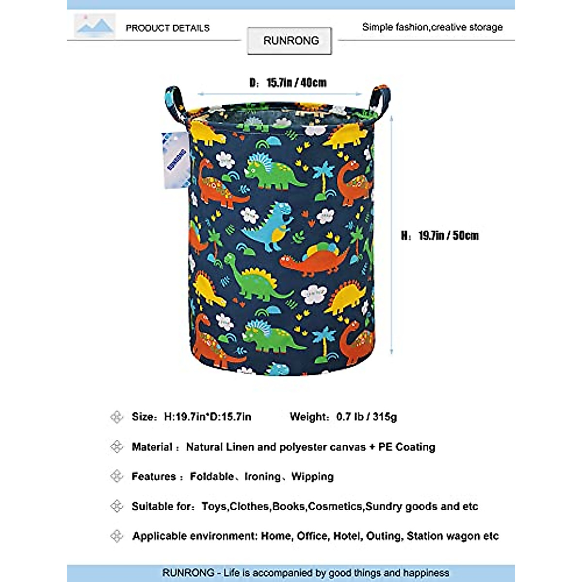 CherryPig RUNRONG Large Size Round Storage Basket Foldable Waterproof Canvas Laundry Hamper with Handles Nursery Organizer for Bedroom/Living Room/Bathroom(Round Dinosaur Paradise)