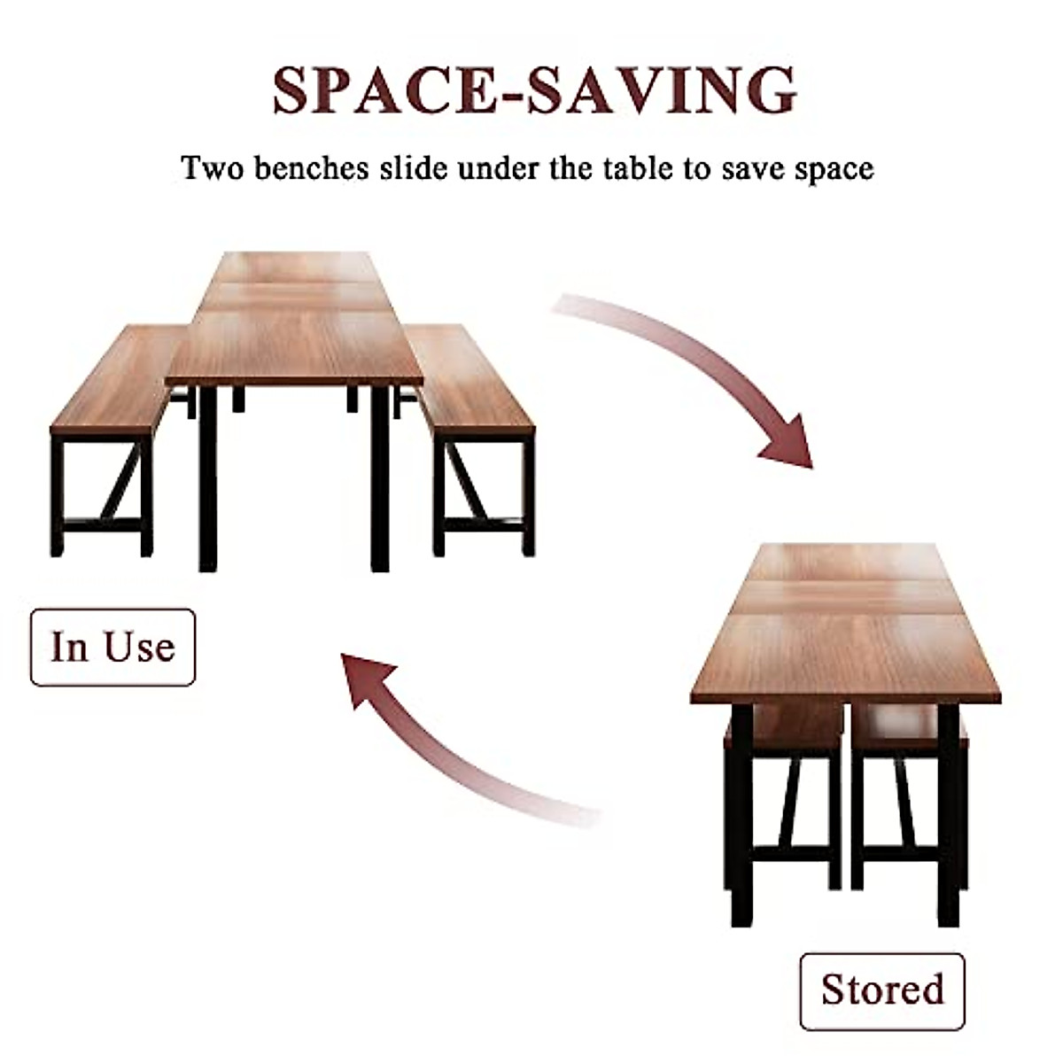 Feonase 3-Piece 63" XL Large Dining Room Table Set for 4-8 People, Extendable Kitchen Table Set with 2 Benches, Metal Frame and Solid MDF Wood Board, Easy Assembly, Walnut