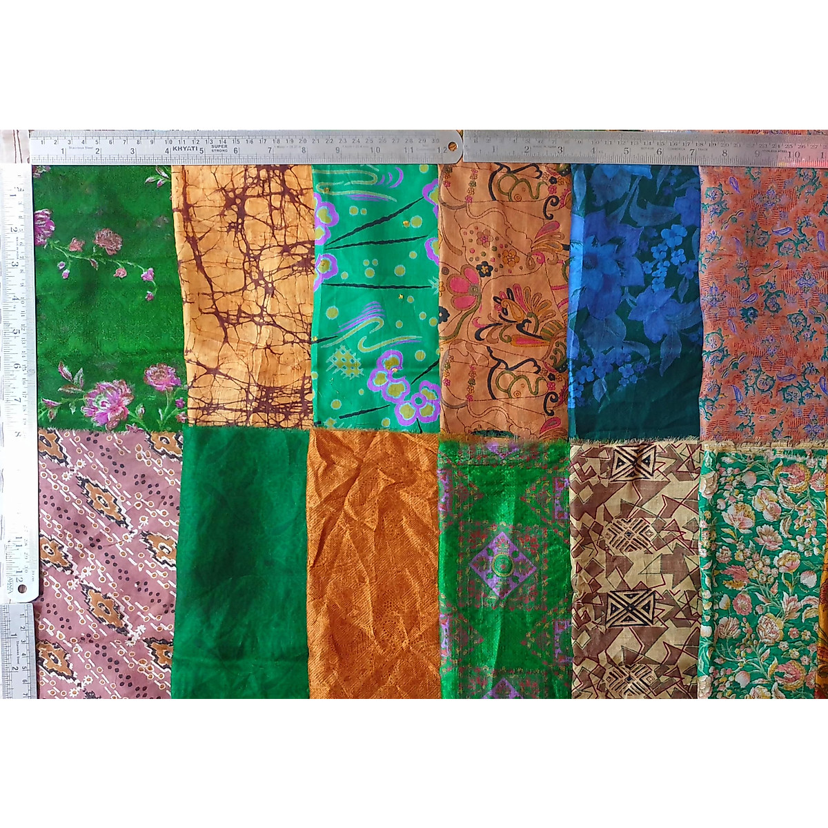 Vintage Sari Fabric 14 Pcs Brown & Green 12"*20" Silk Sari Scrap Remnants Lot for Journal Scrapbook Wrap Craft Project Jewelry Applique DIY Gift Wrap BRGR14